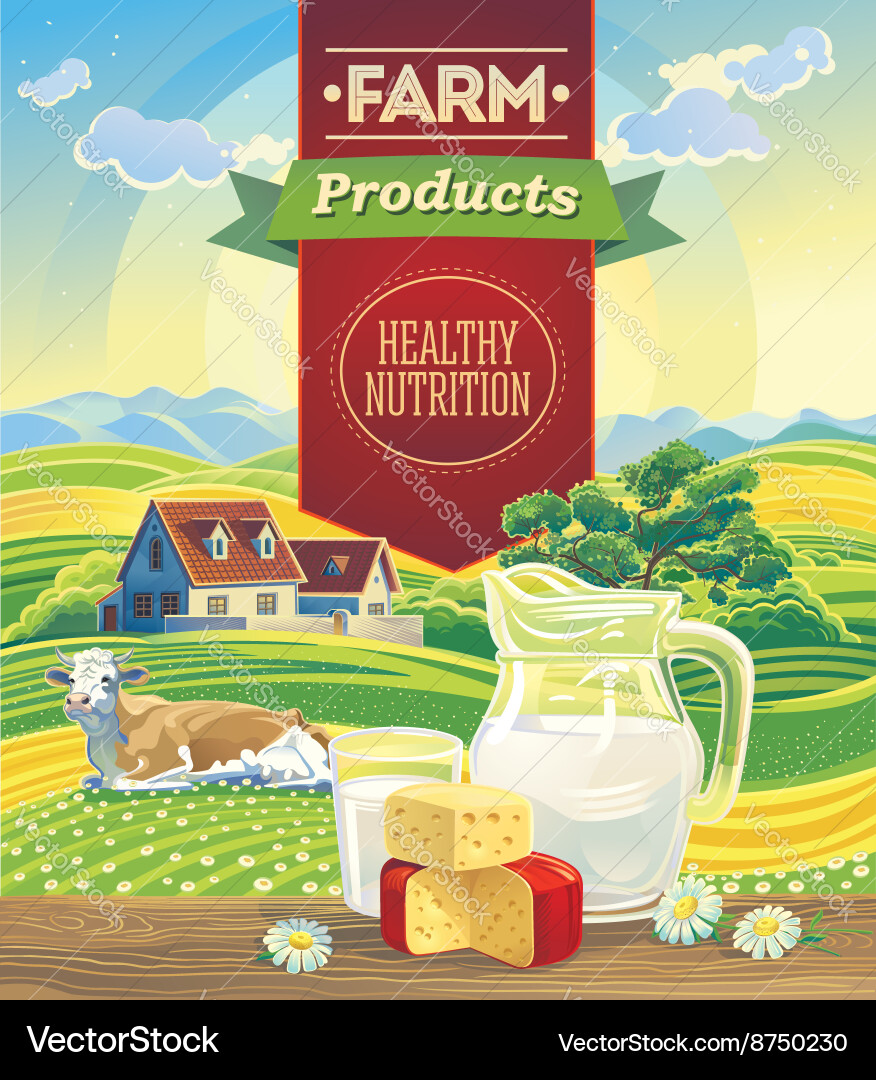 Farming landscape with dairy products Royalty Free Vector