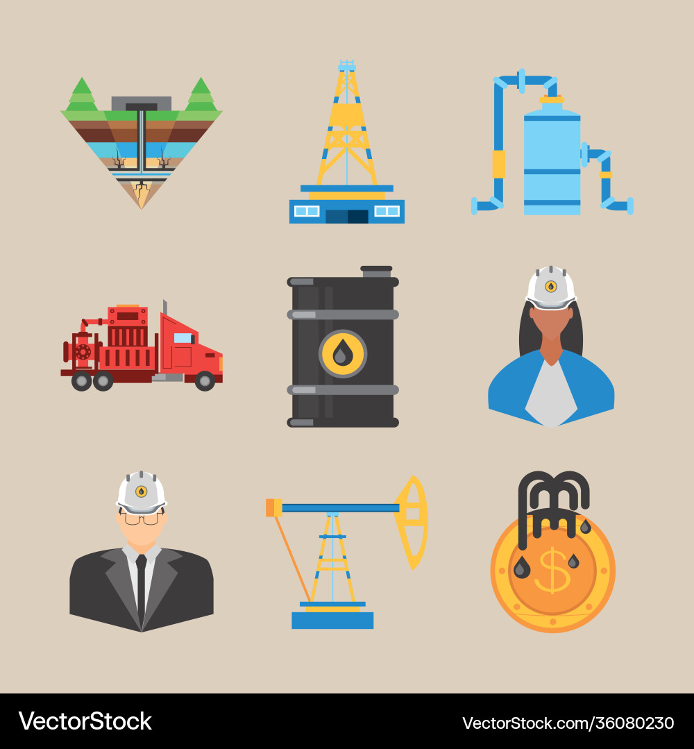 Fracking tower oil rig truck barrel and workers Vector Image