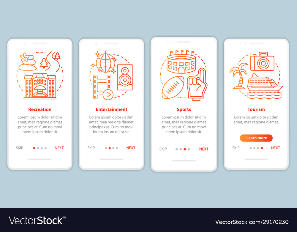 Recreation Industries Red Onboarding Mobile App Vector Image