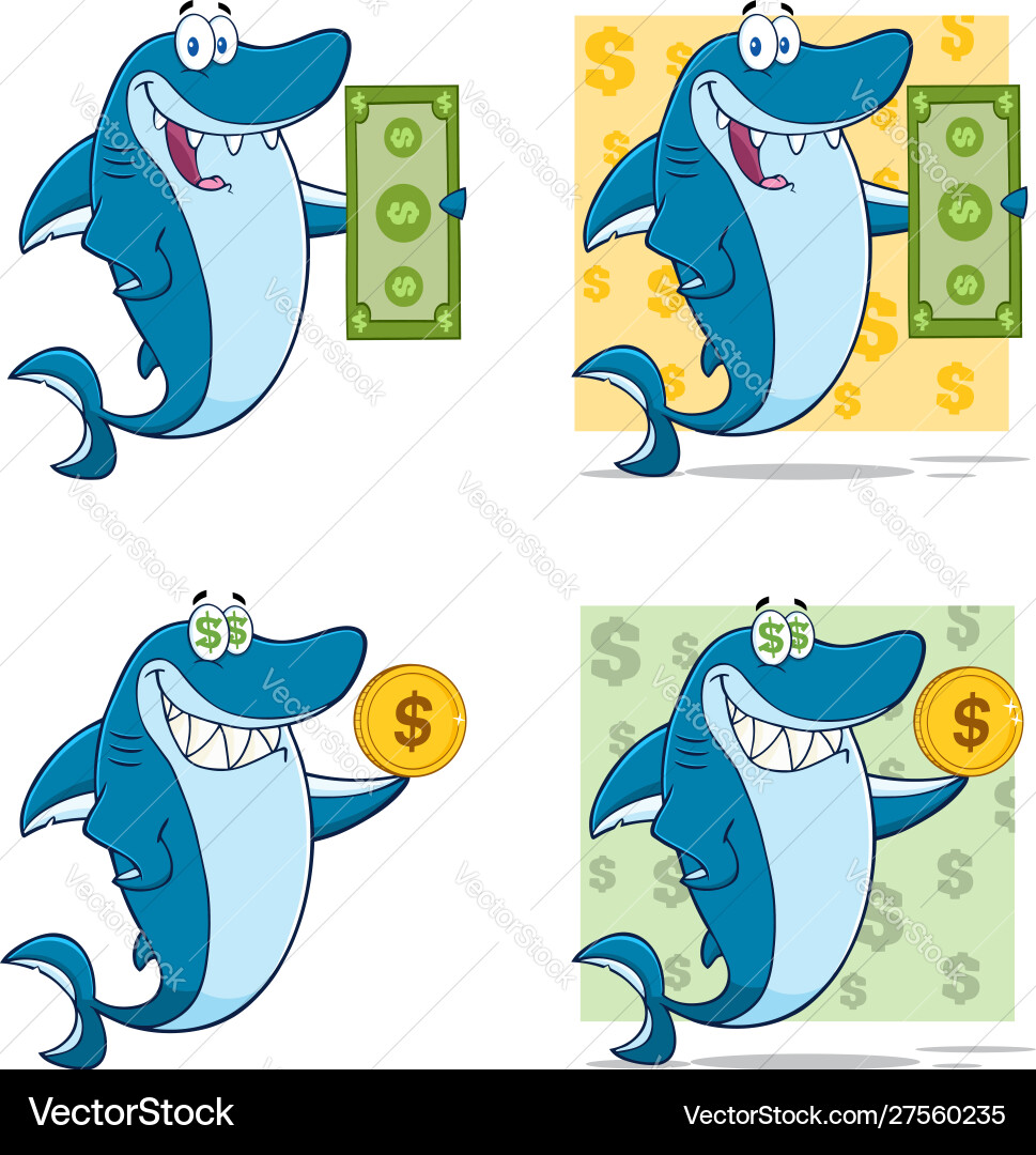 Blue shark cartoon character collection set - 4 Vector Image