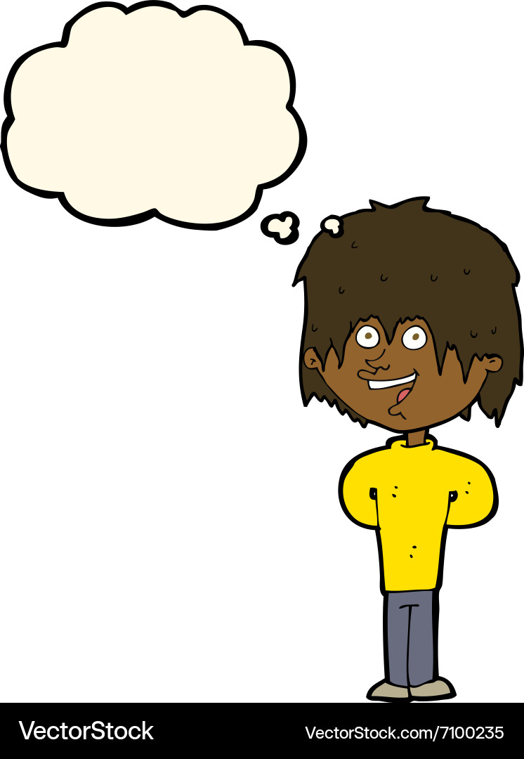 Cartoon happy scruffy boy with thought bubble Vector Image