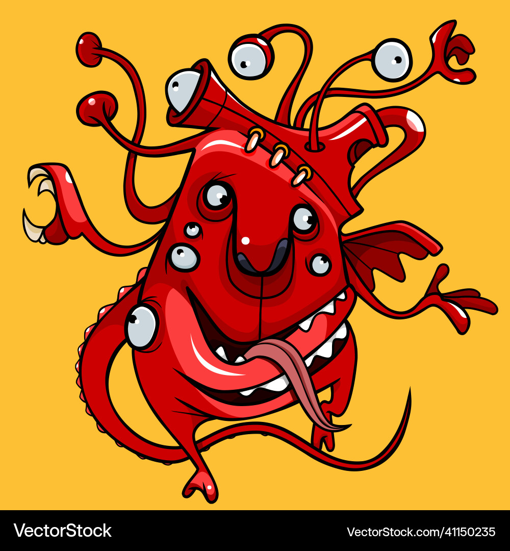 Cartoon red creature with many different eyes Vector Image