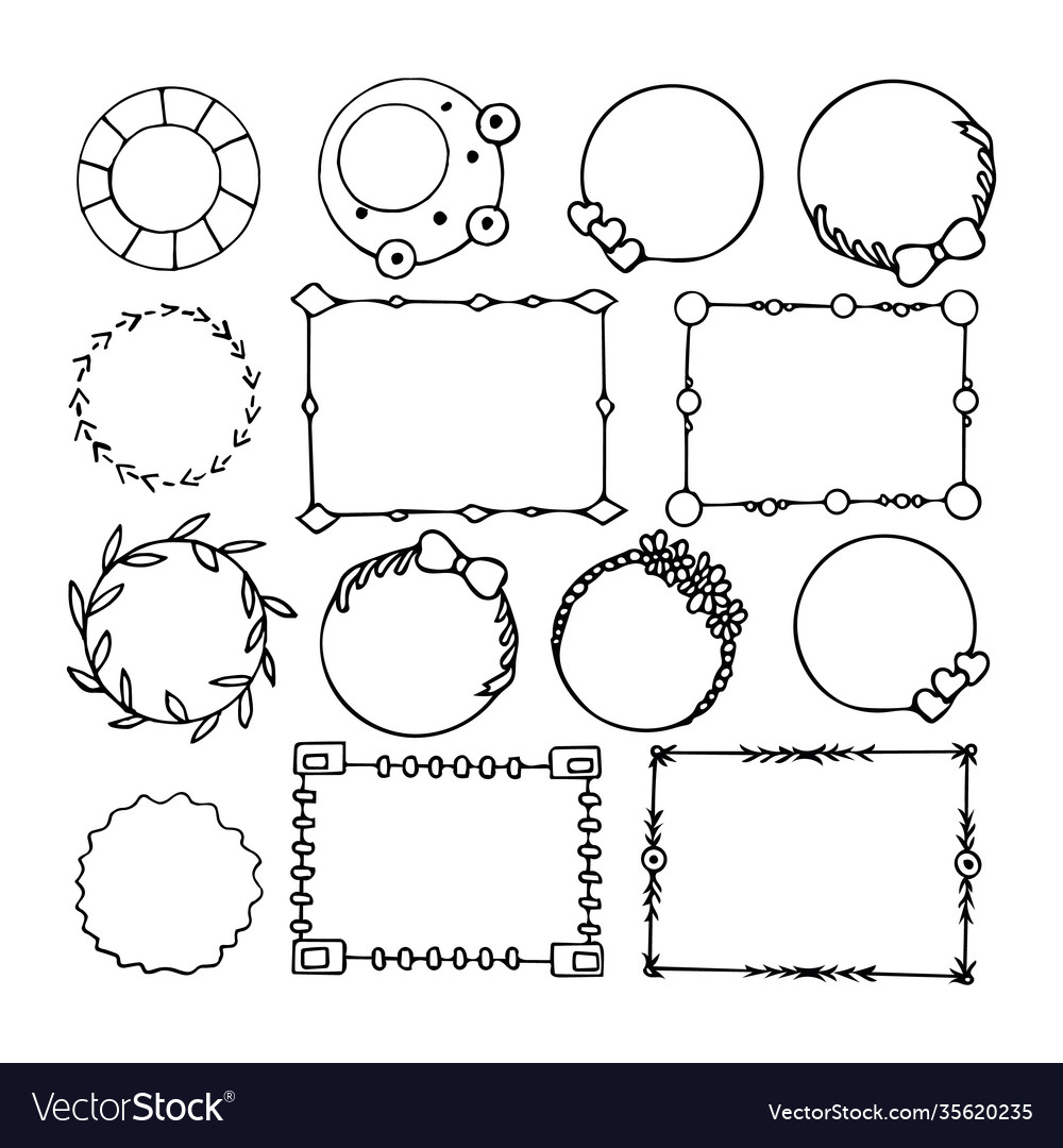Frames round and rectangular set sketch hand drawn
