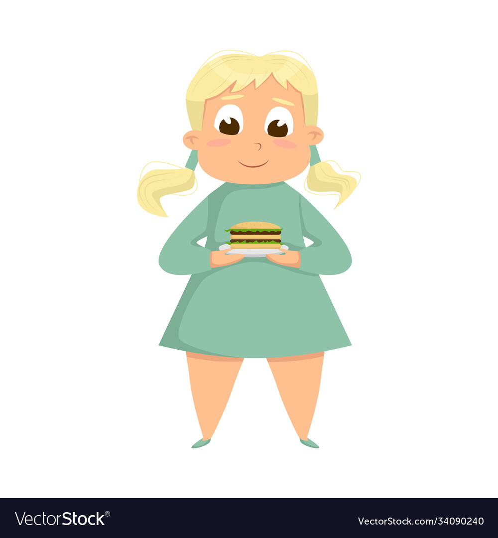 Overweight Chubby Girl Eating Burger Cheerful Vector Image