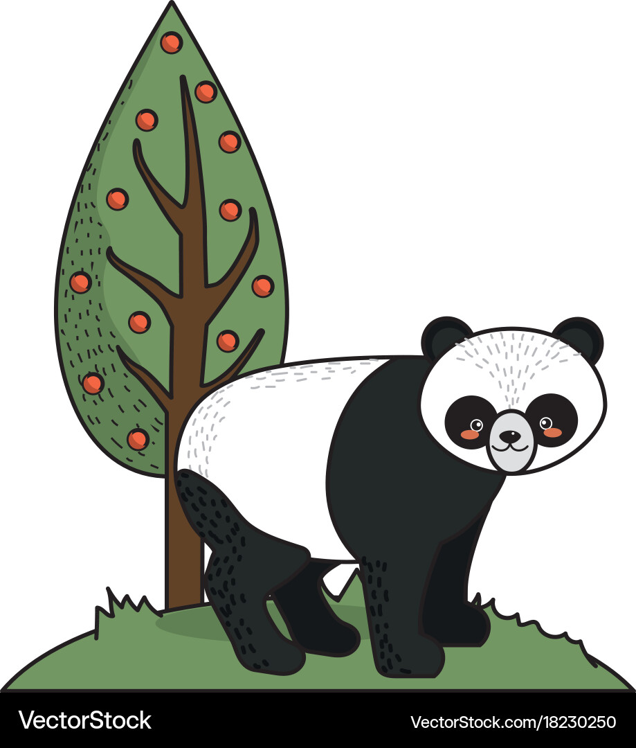 Cute panda wild animal next to tree Royalty Free Vector
