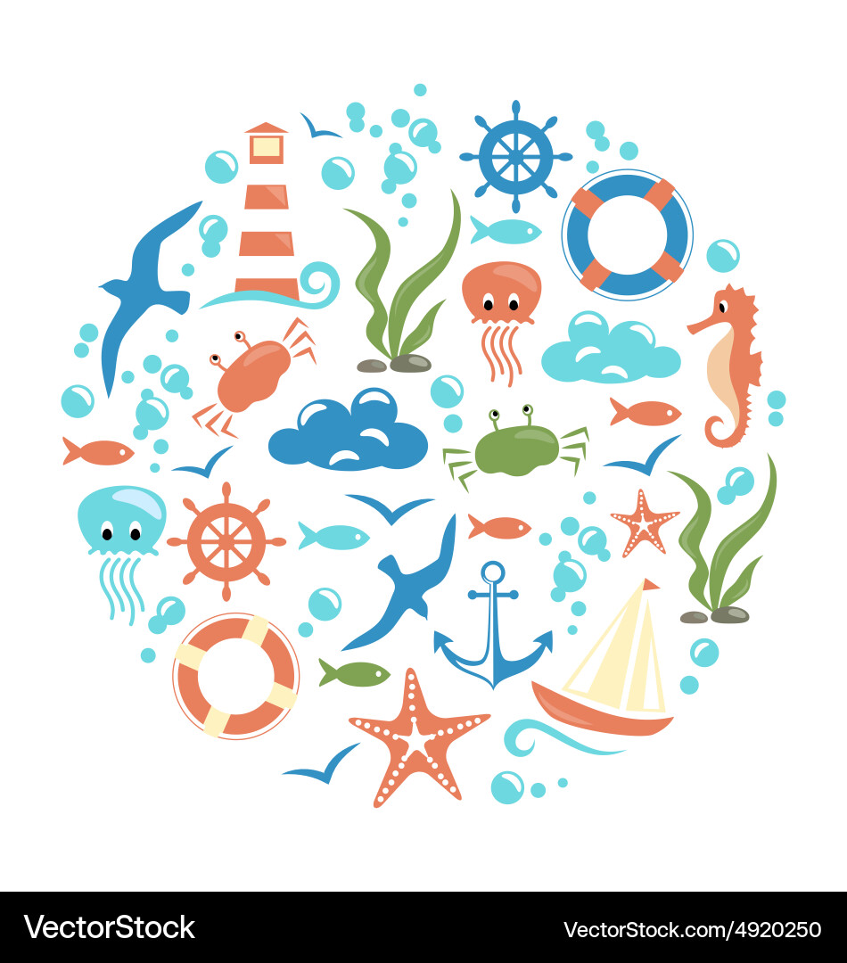 Sea life circle icon isolated on white Royalty Free Vector