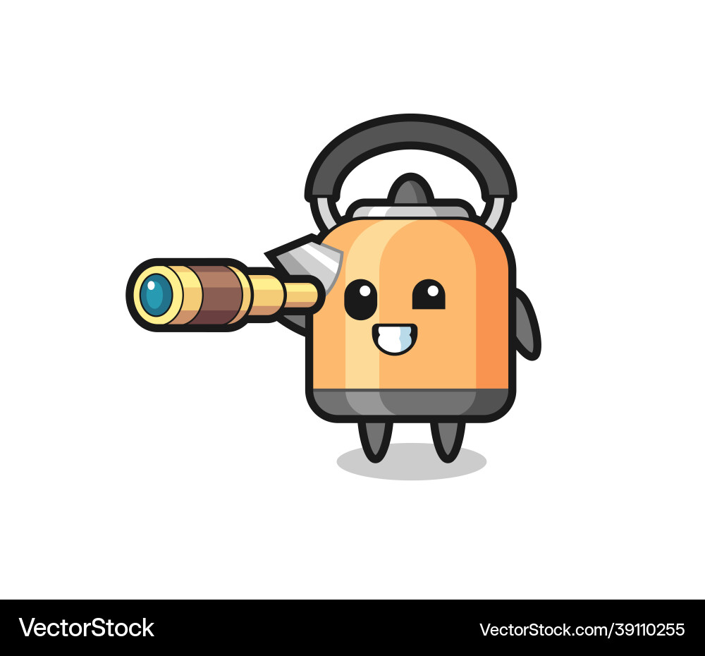 Cute kettle character is holding an old telescope Vector Image