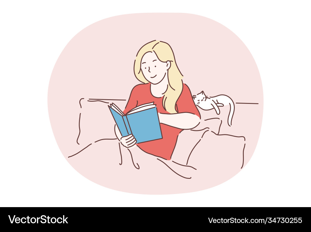 Reading relaxing at home with book and cat Vector Image