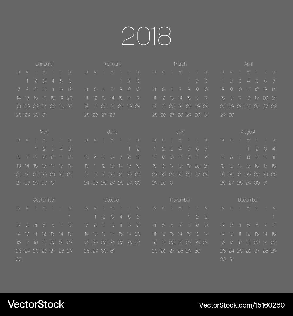 Calendar - year 2018 week starts from Royalty Free Vector