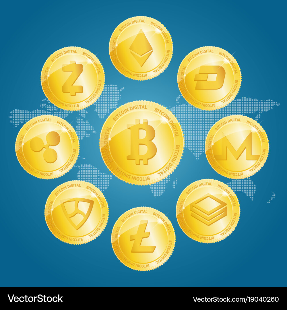 Realistic 3d detailed crypto coins set Royalty Free Vector