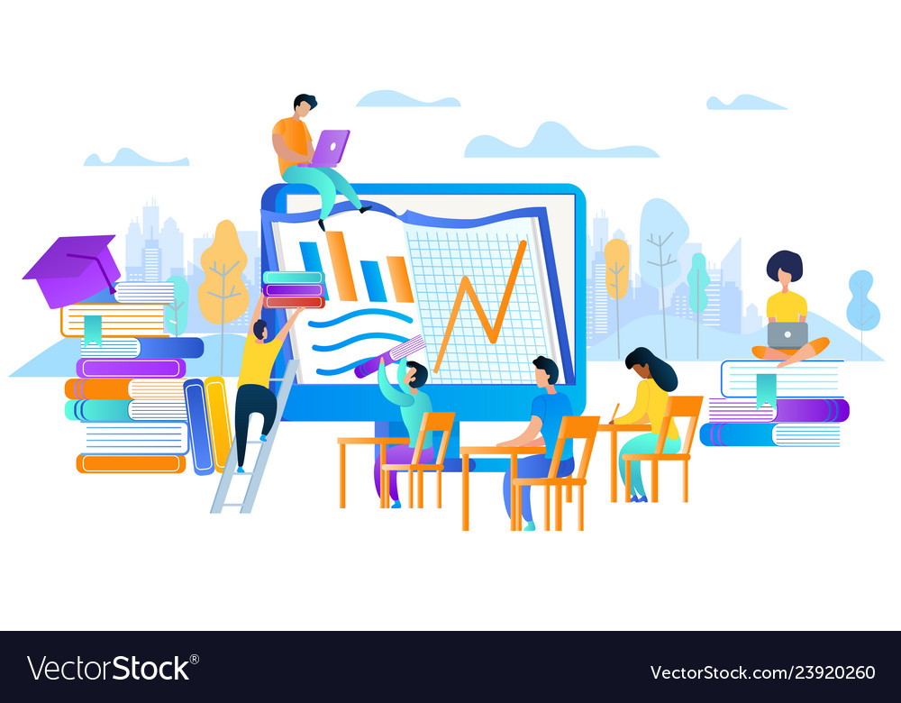 Students sitting around of huge computer monitor Vector Image