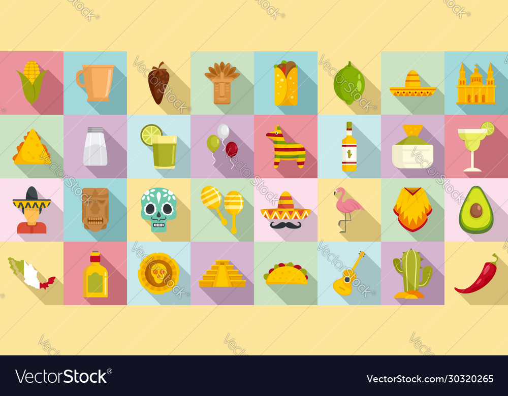Mexico icons set flat style Royalty Free Vector Image