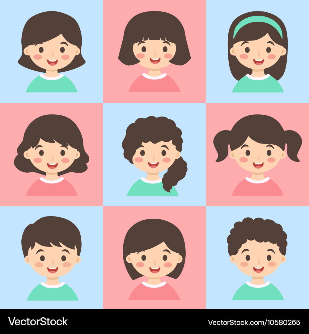 Set kids face avatar turquoise pink Royalty Free Vector