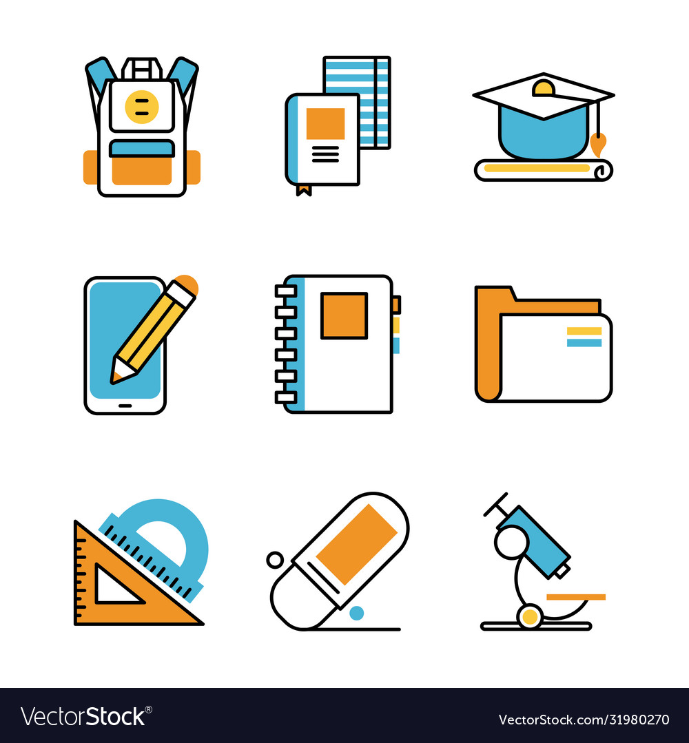 Bundle school supplies set icons Royalty Free Vector Image