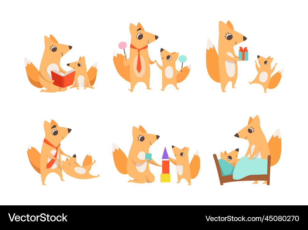 Loving fox mom and dad character with its cub Vector Image