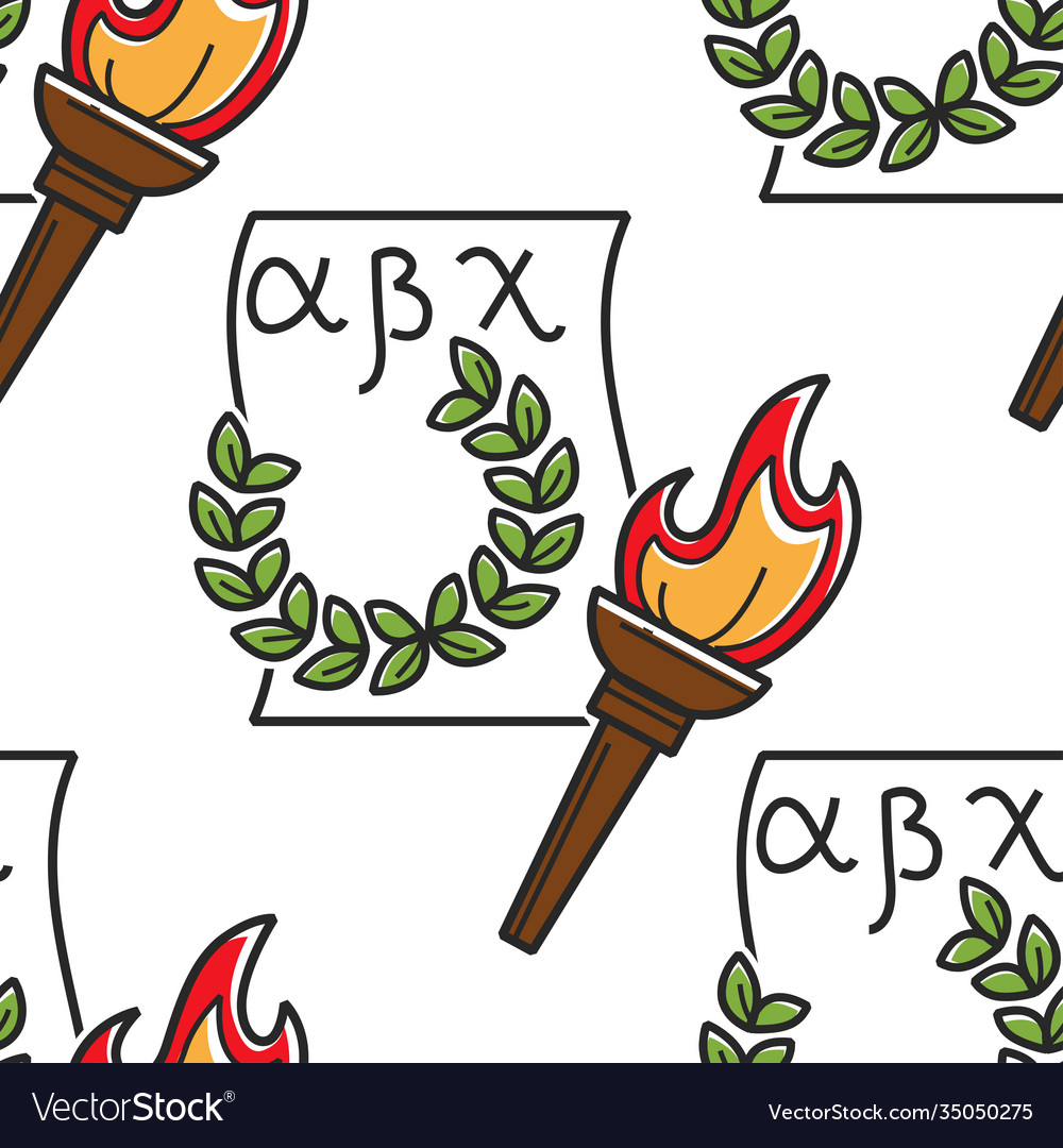 Greek alphabet laurel wreath and torch seamless Vector Image