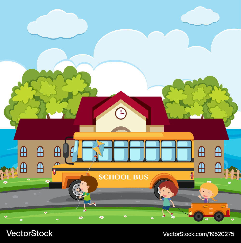 School scene with kids and bus Royalty Free Vector Image