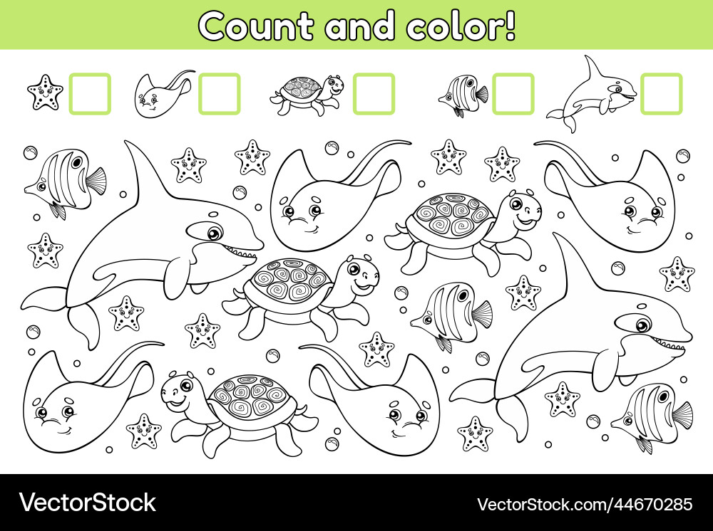 Count and color math game sea animals-5 Royalty Free Vector