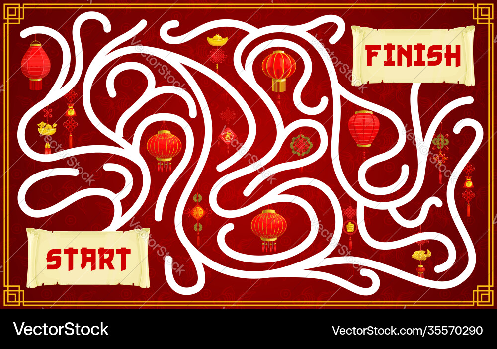 Child labyrinth game with chinese paper lanterns Vector Image