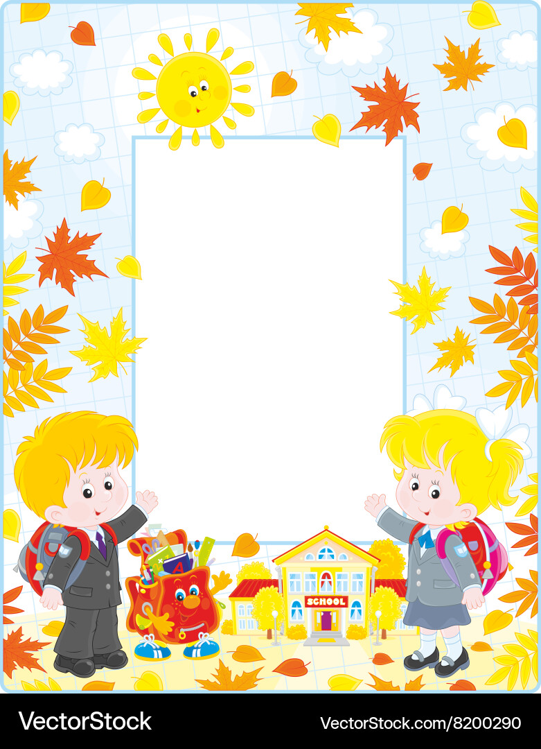 Frame with schoolchildren and a school Royalty Free Vector