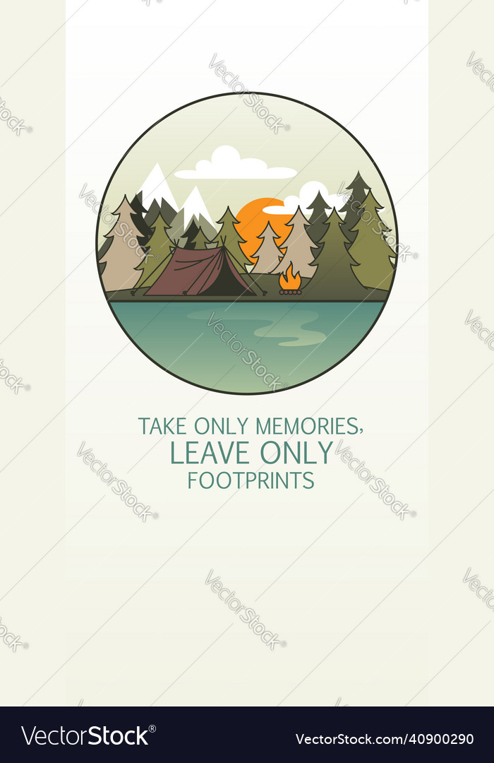 Line art landscape with trees camp fire and tent Vector Image