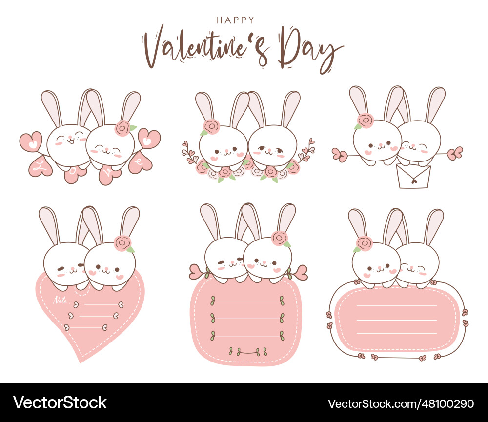Valentine set with couple rabbit love and note Vector Image