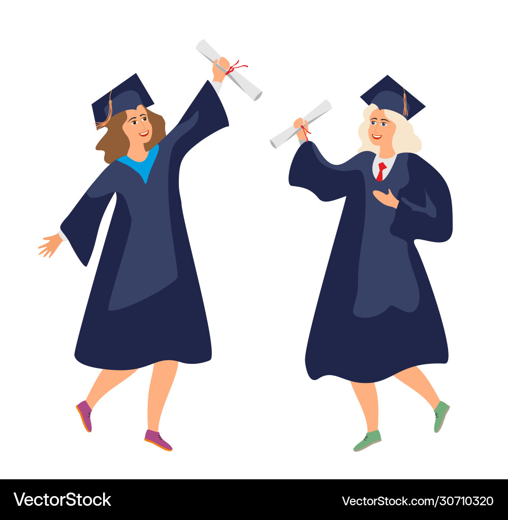 Two graduate students in robes with a diploma Vector Image