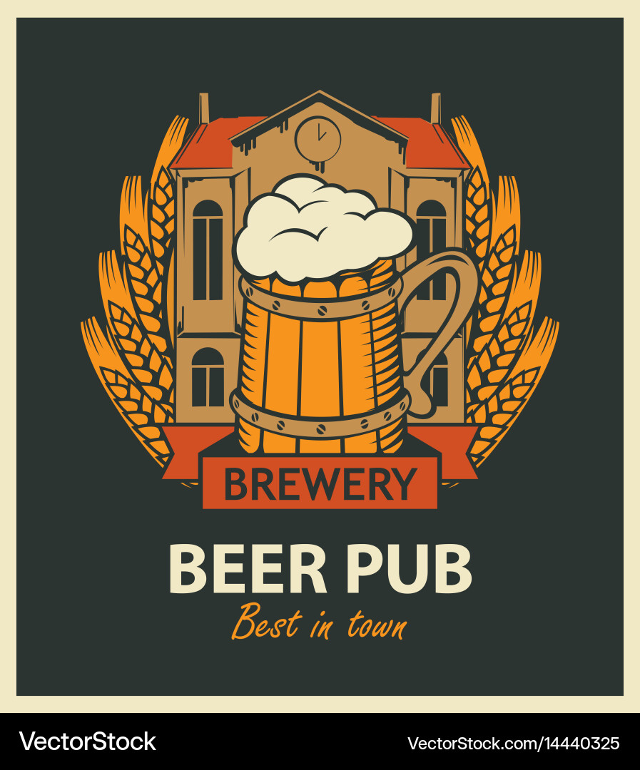 Beer pub label with brewery building and mug Vector Image