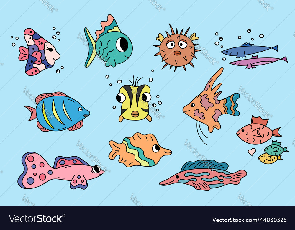 Fish doodles cute colorful set collection Vector Image