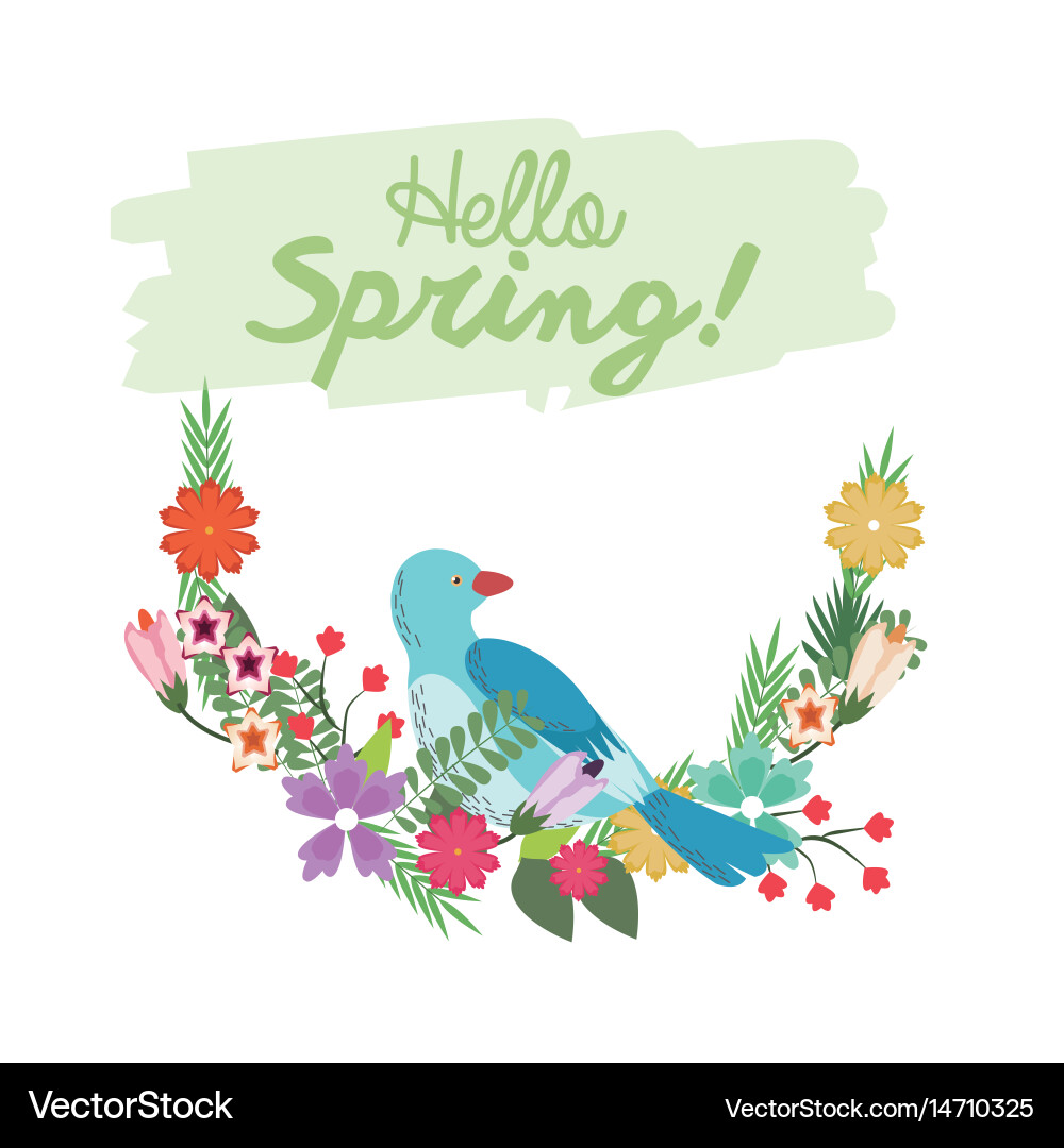 Hello spring lettering with bird flower branch Vector Image
