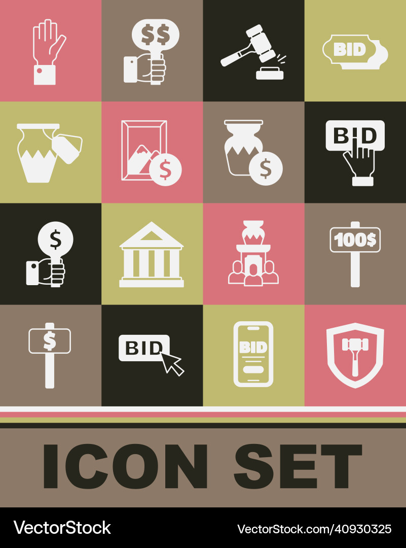 Set auction hammer hand holding auction paddle Vector Image