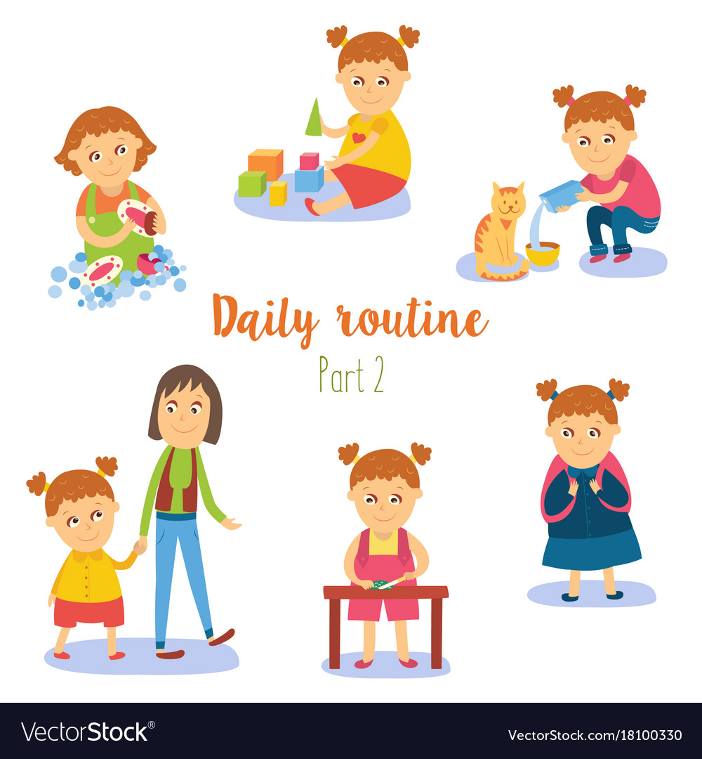 Flat cartoon kid doing routine activity set Vector Image Flat cartoon kid doing routine activity set Vector Image