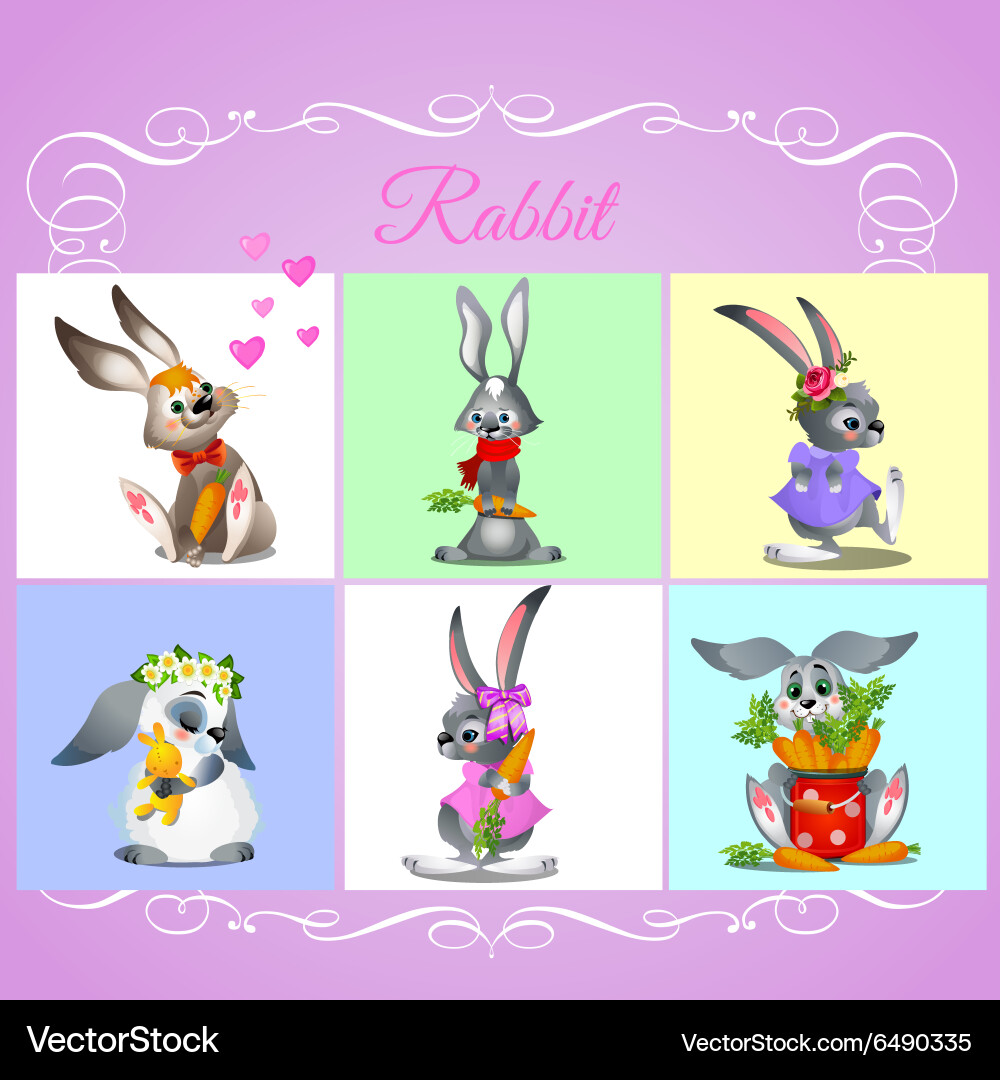 Set of six rabbits with different characters Vector Image