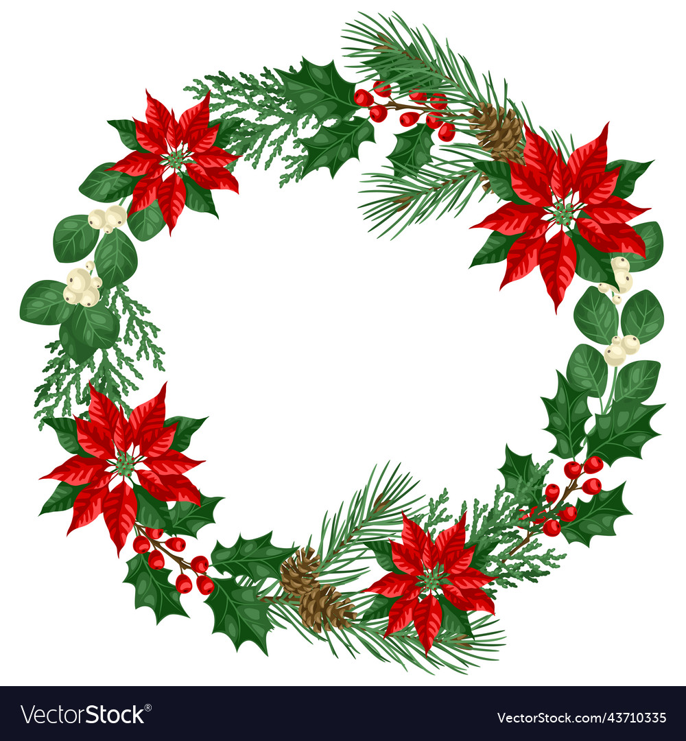 Wreath with winter plants merry christmas Vector Image