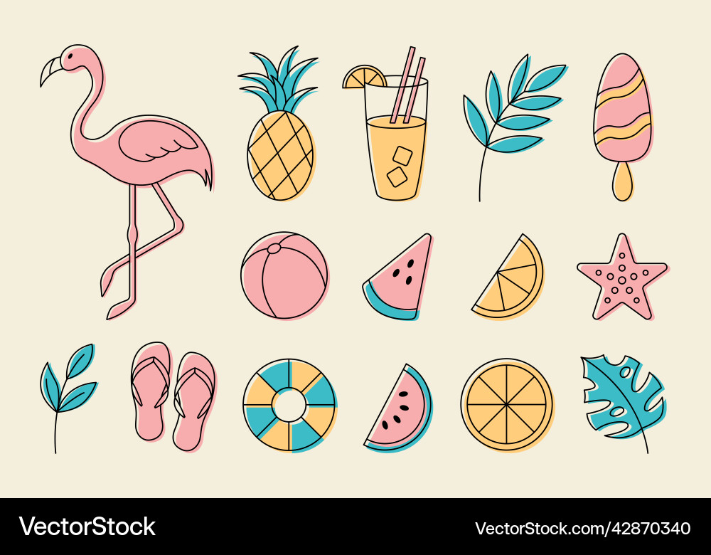 Set of simple outline cute summer elements Vector Image