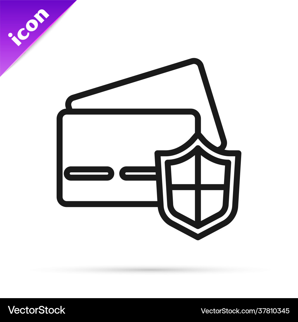 Black line credit card with shield icon isolated Vector Image