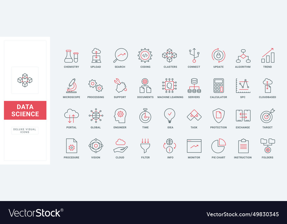 Data science thin black and red line icons set Vector Image