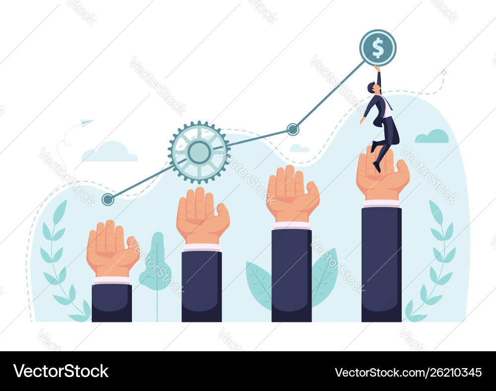 Isometric businessman step up on giant hand Vector Image