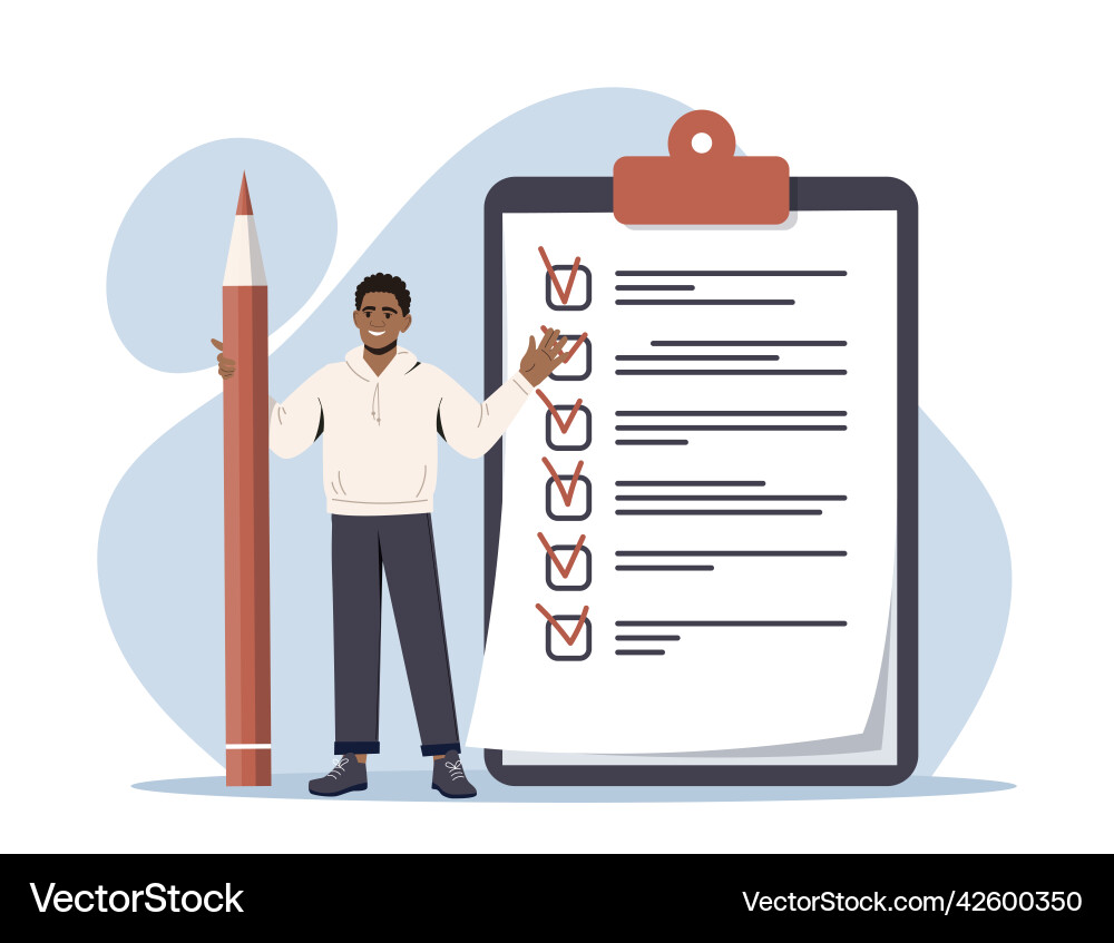 Man stands next to checklist with tick Royalty Free Vector