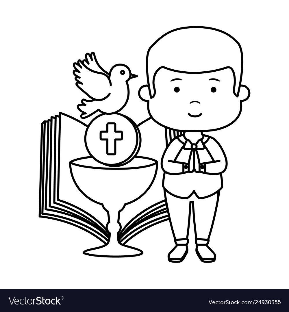Little boy with bible and chalice first communion Vector Image