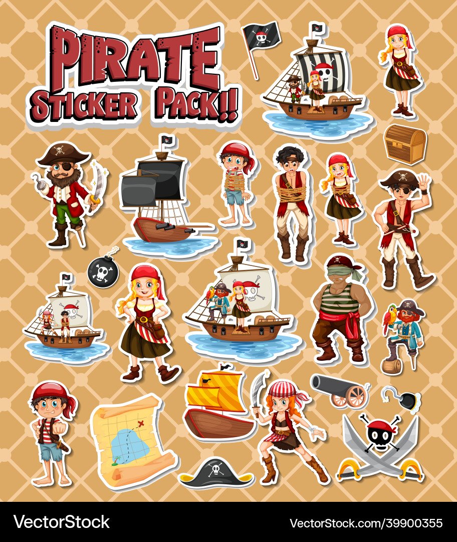 Pirate sticker pack set with cartoon character Vector Image