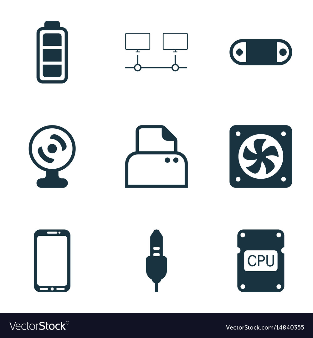 Set of 9 computer hardware icons includes file Vector Image