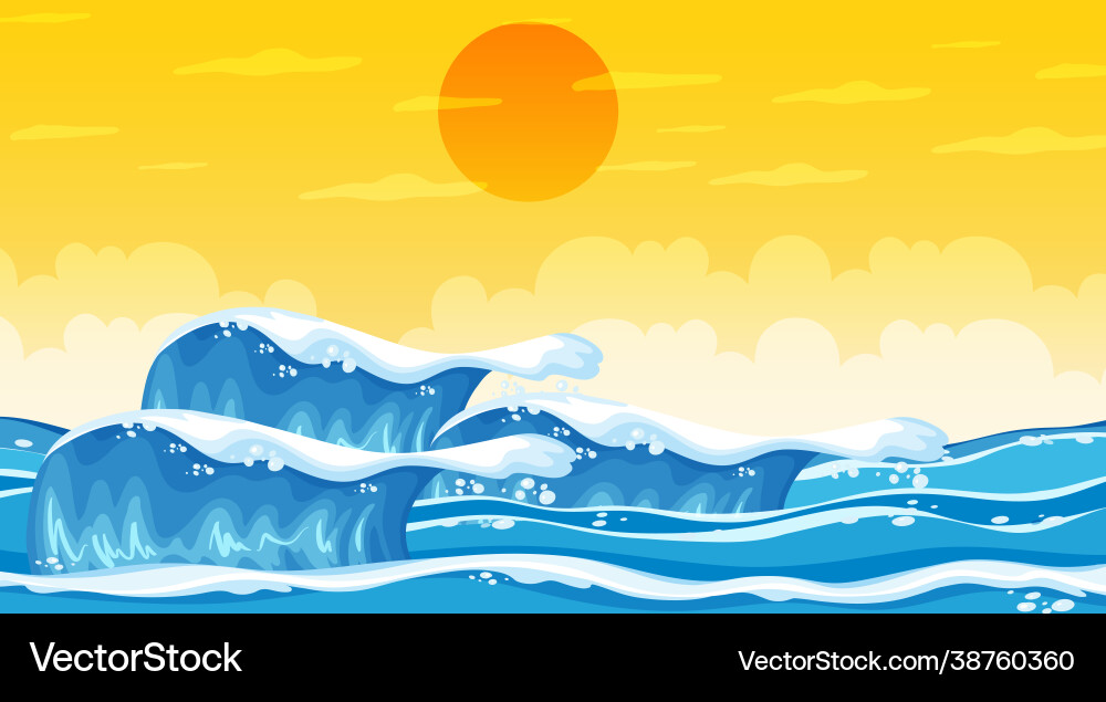 Beach landscape at sunset scene with ocean wave Vector Image