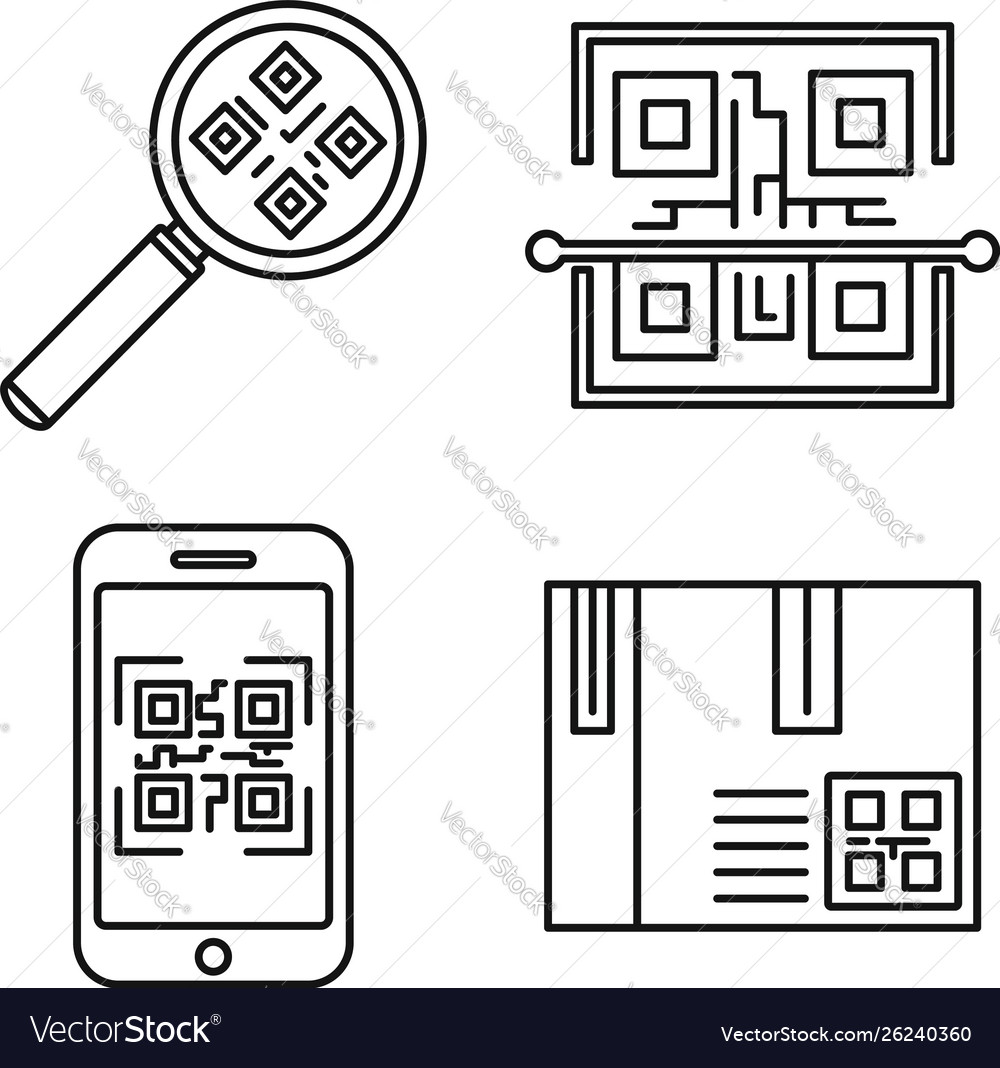 Qr code element icons set outline style Royalty Free Vector