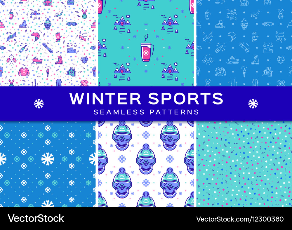 Set winter sport seamless patterns holiday Vector Image