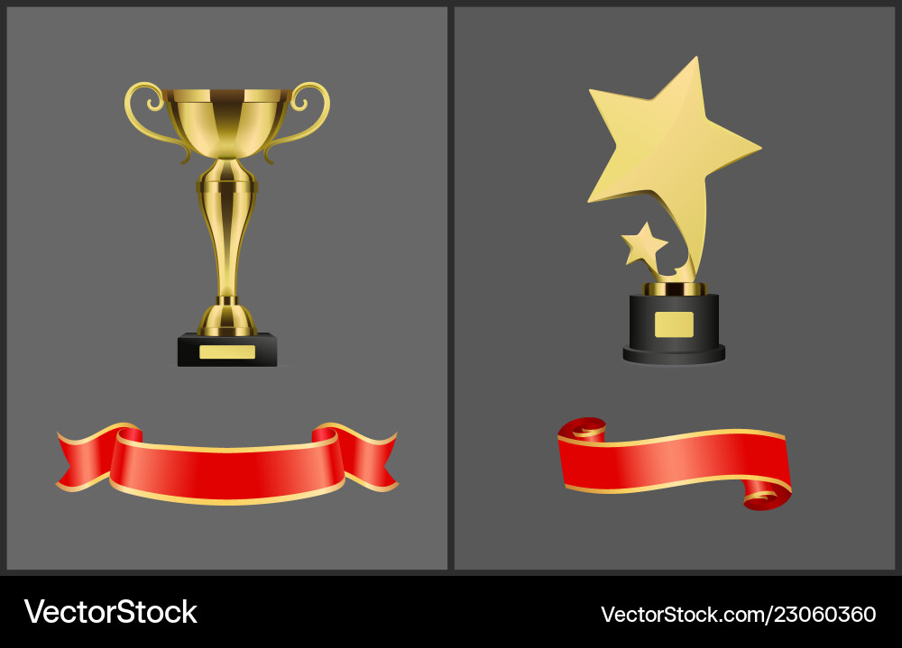 Trophies and red banners set Royalty Free Vector Image