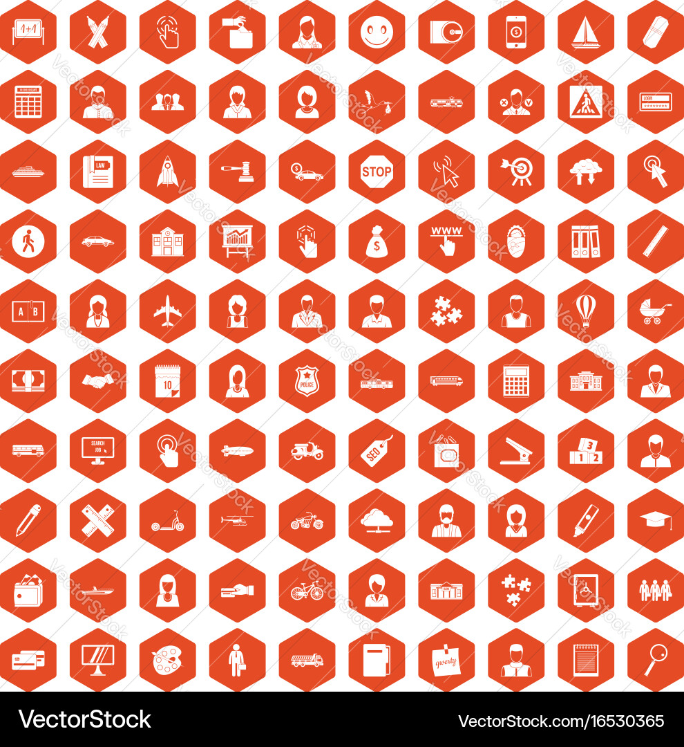100 initiation icons hexagon orange Royalty Free Vector