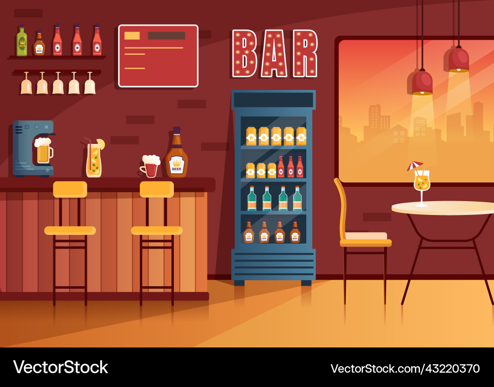 Bar or pub at evening with alcohol drinks bottles Vector Image