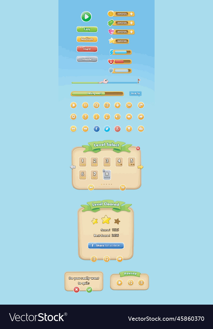 Complete Set Of Level Button Game Ui Pop Up Icon Vector Image
