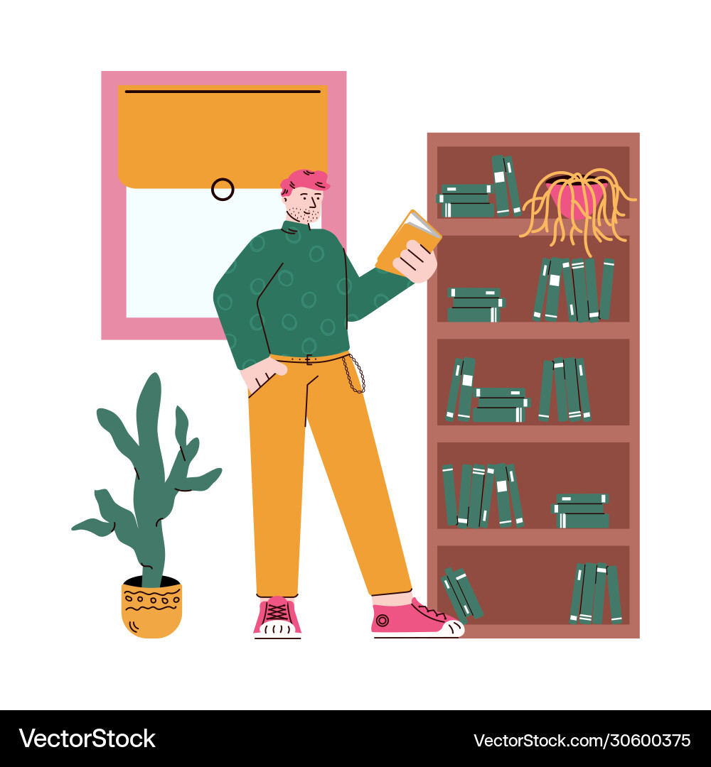 Cartoon man standing bookshelf and reading Vector Image